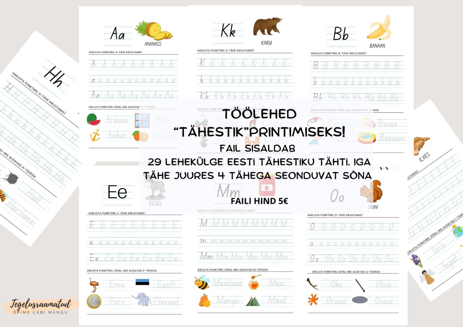 Töölehed "Eesti tähestik" allalaadimiseks Tegelusraamatud